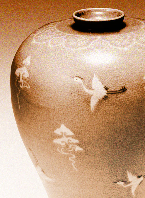 Celadon Prunus Vase Inlaid with Clouds, Cranes, and Lightning Patterns ...
