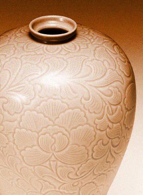 Celadon Prunus Vase Embossed with Peonies and Arabesque Designs - Asian ...